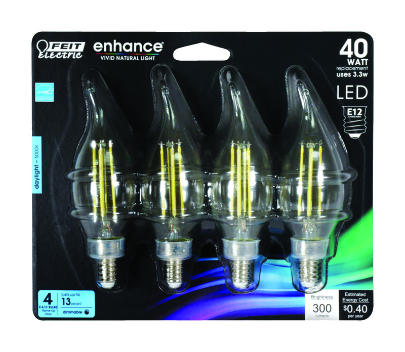 Feit Electric Enhance CA10 E12 (Candelabra) Filament LED Bulb Daylight 40 Watt Equivalence 4 pk ...